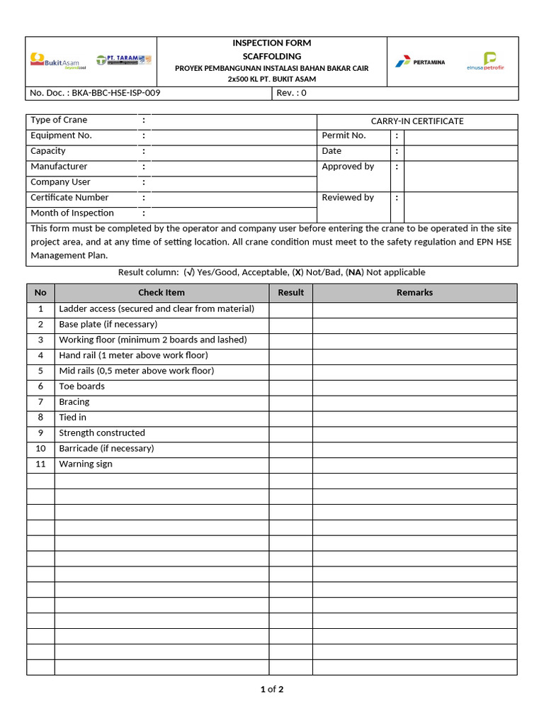 OSHA Scaffolding Inspection Checklist | PDF