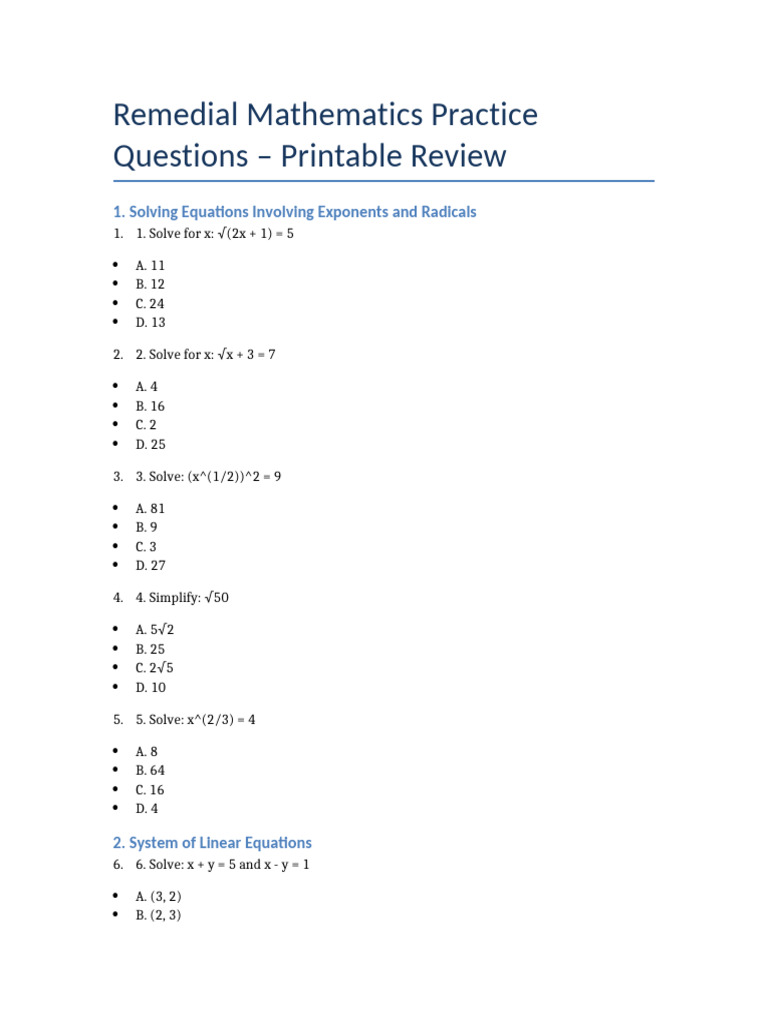 Remedial Math Practice With Answers | PDF