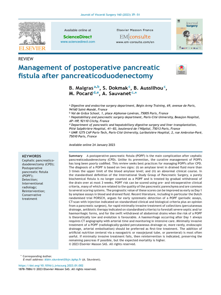 Management of Postoperative Pancreatic Fistula After Pancreaticoduodenectomy | PDF | Pancreas ...