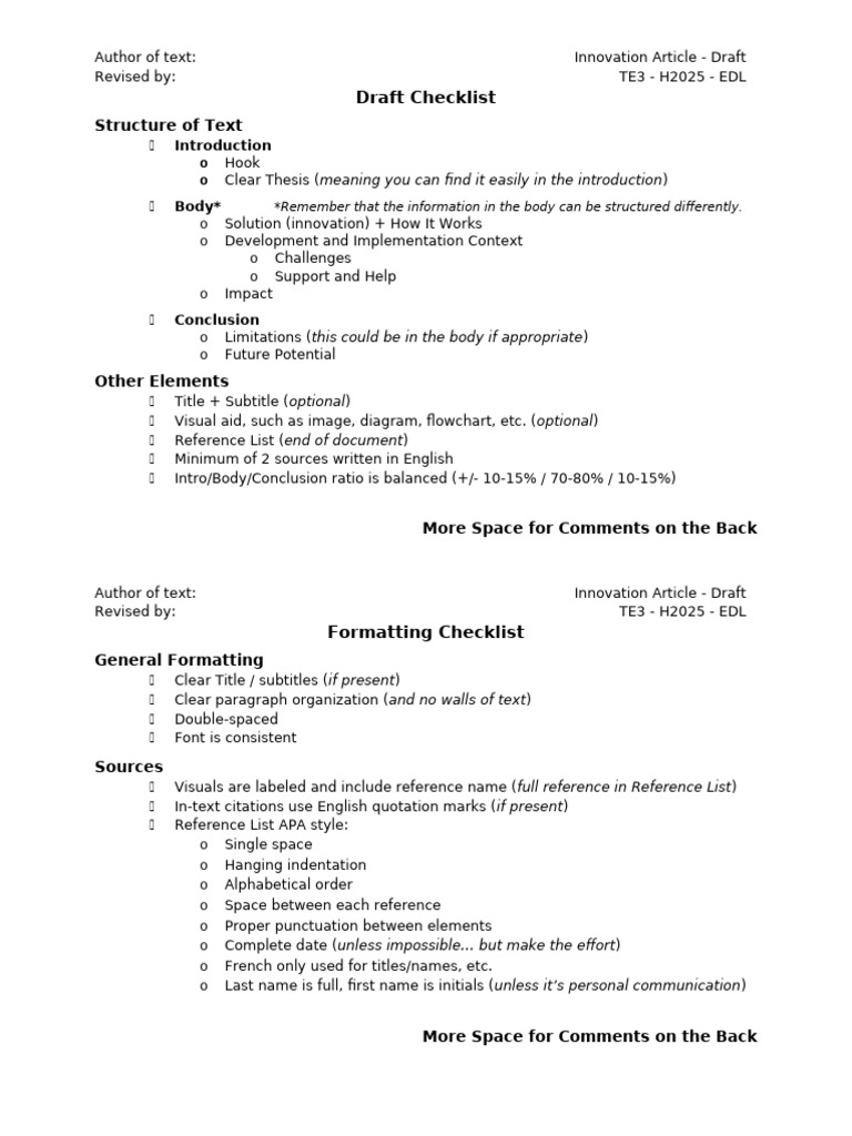 Innovation Article - Draft Checklist | PDF | Grammar | Human Communication
