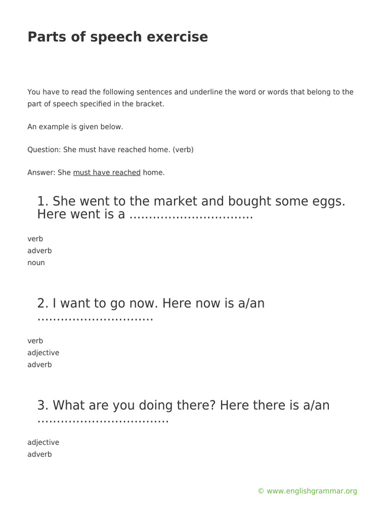 Parts of Speech Exercises | PDF