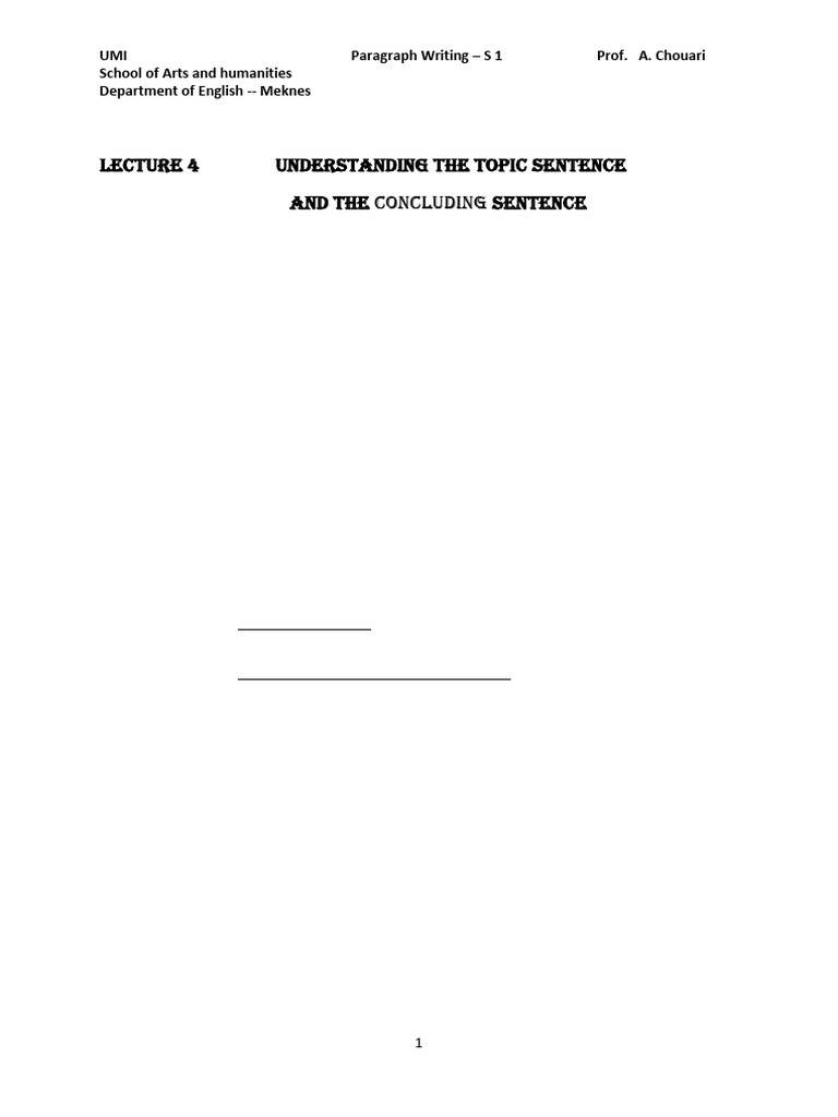 Prof Chouari. Lecture 4. (S 1). Pargraph Writing - TS | PDF