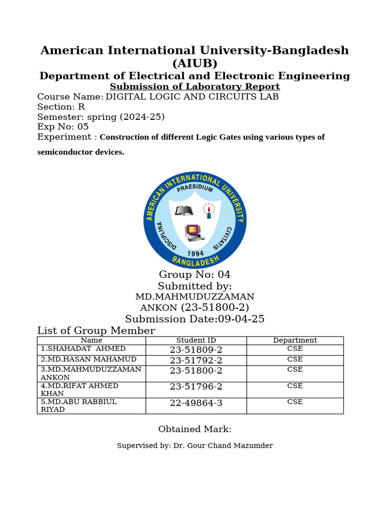 DLC Lab Report 555555group 4 | PDF | Logic Gate | Electrical Components