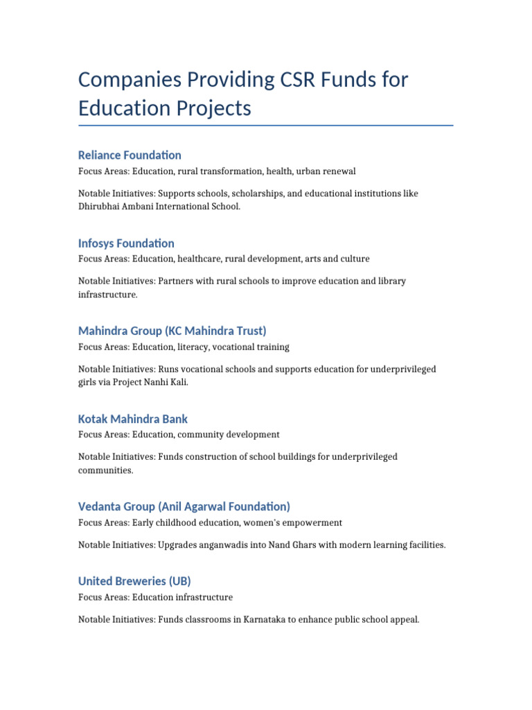 CSR Funding for Education Projects | PDF
