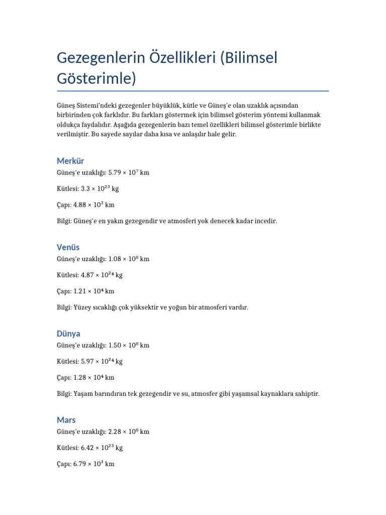 Gezegen Ozellikleri Bilimsel Gosterim | PDF