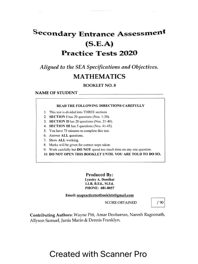 SEA Mathematics Practice Test 2020 | PDF | Division (Mathematics) | Length