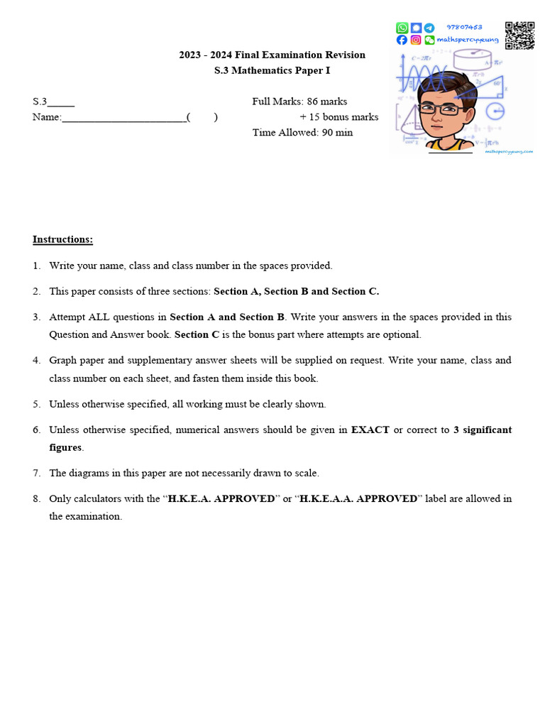 2324 s3 3rd Exam Revision Paper 1 | PDF | Mathematics
