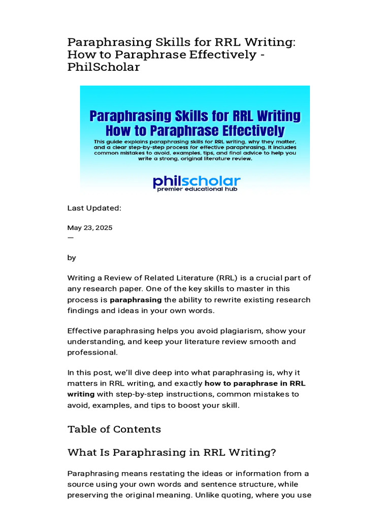 Paraphrasing Skills For RRL Writing - How To Paraphrase Effective | PDF ...