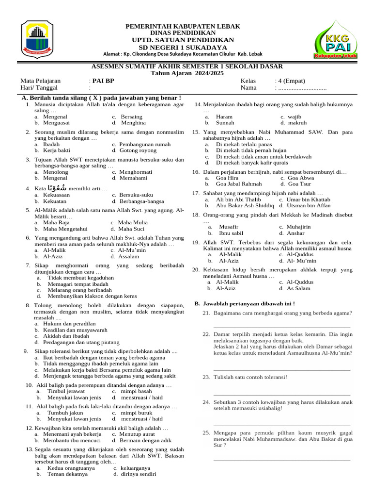 SOAL PAI KELAS 4 sm1 | PDF