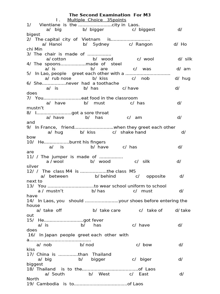 The Second Examination for M3. 2023-24 | PDF | Laos