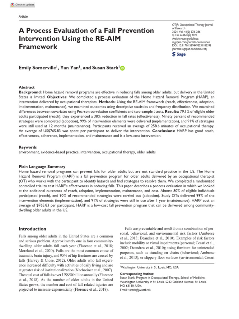 Somerville Et Al 2023 A Process Evaluation of A Fall Prevention Intervention Using The Re Aim ...