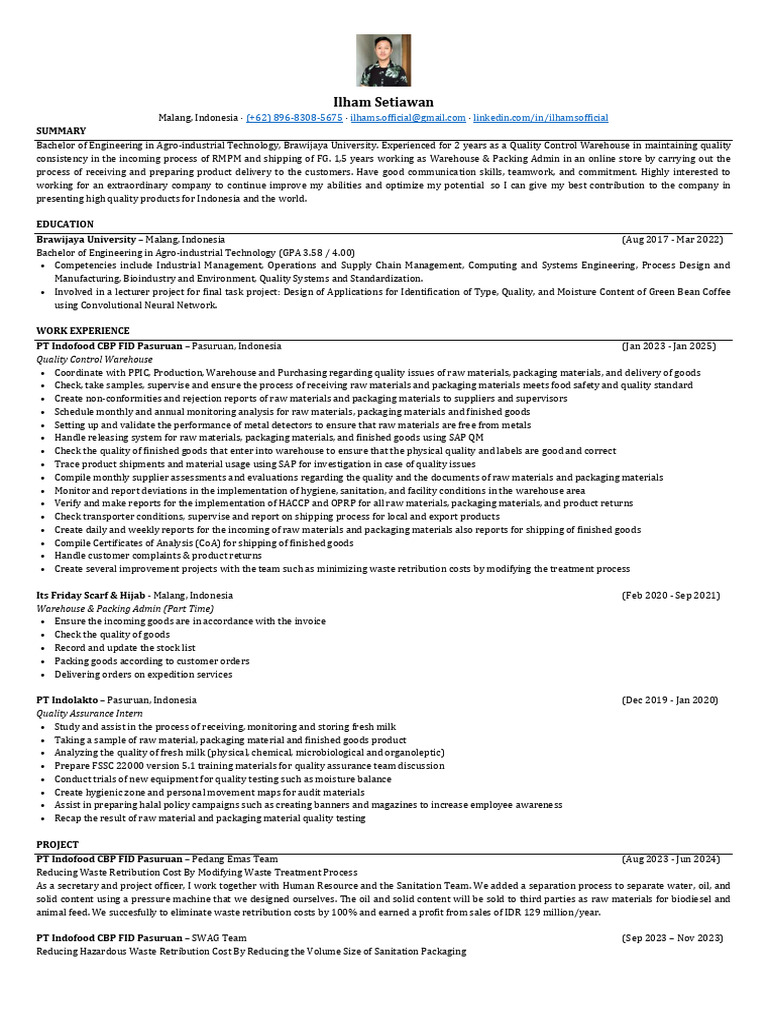 Curriculum Vitae - Ilham Setiawan | PDF | Waste | Warehouse