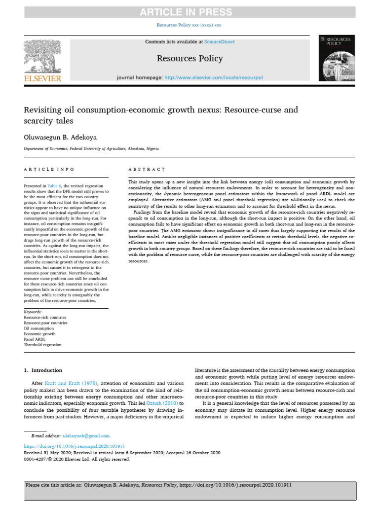 10 1016@j Resourpol 2020 101911 | PDF | Economic Growth | Consumption (Economics)