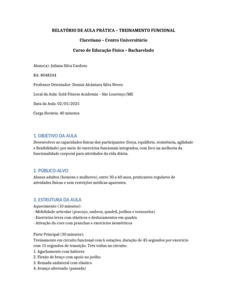 Relatorio Aula Funcional Juliana Cardoso Atualizado | PDF