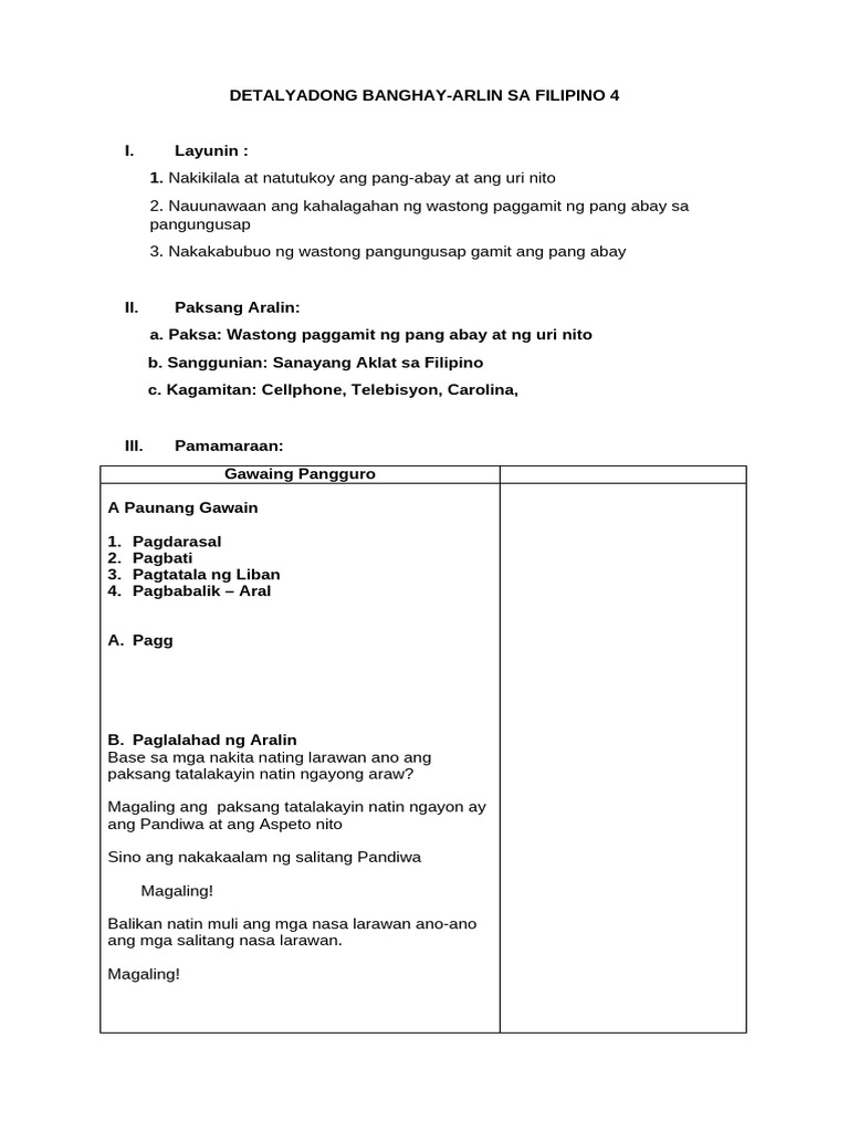 Detalyadong Banghay Aralin Sa Filipino | PDF