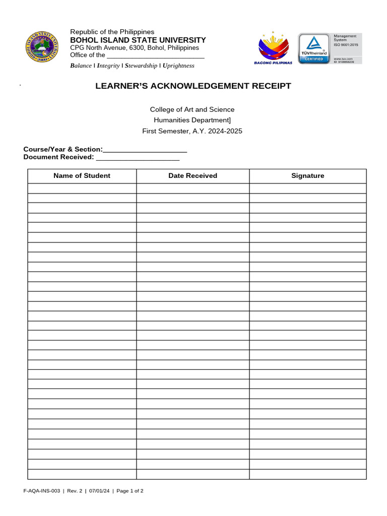 Learner - S Acknowledgement of Receipt | PDF