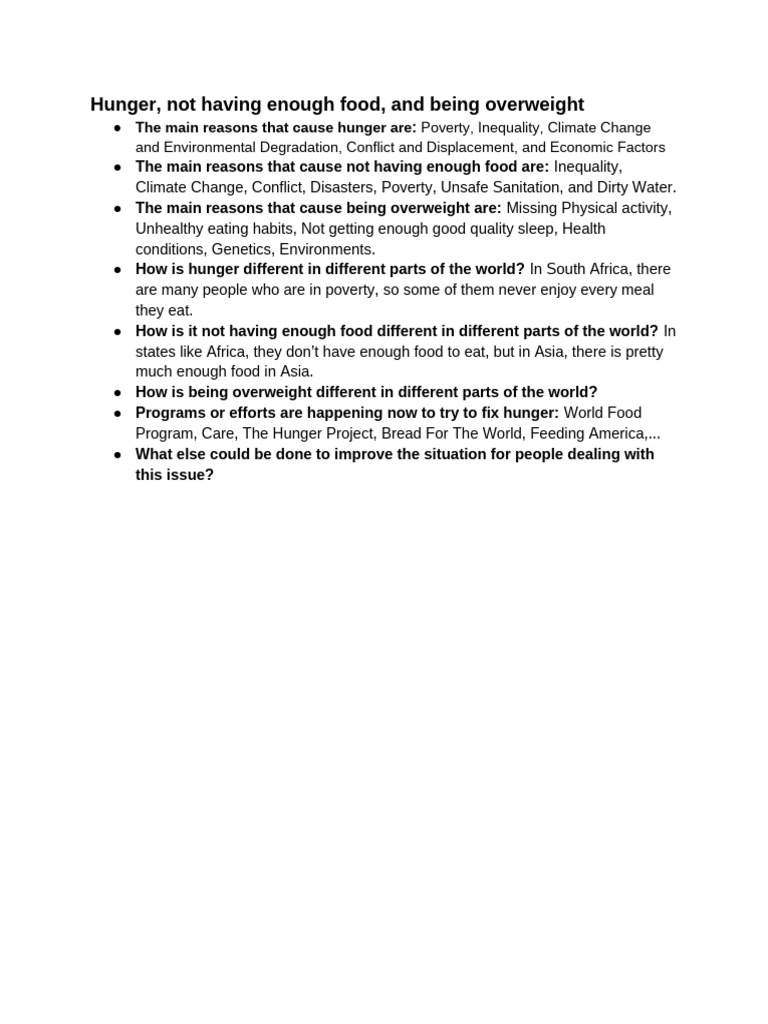 Hunger, Not Having Enough Food, and Being Overweight | PDF
