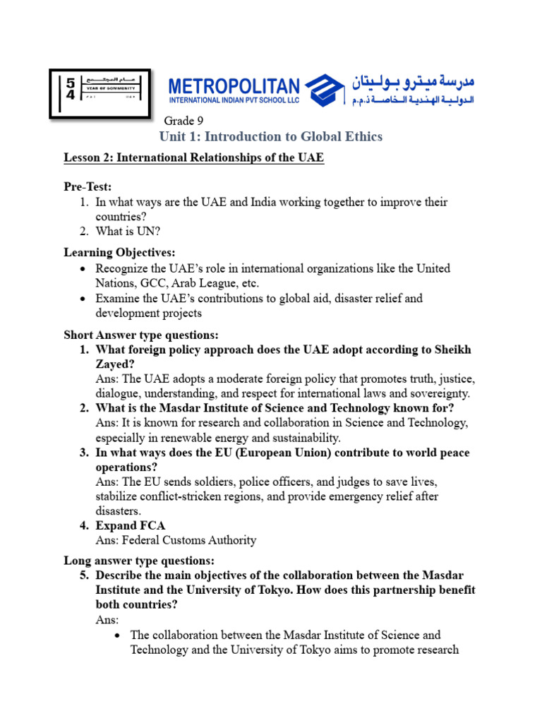 GR.9 MSCS Unit-1 Lesson-2 International Relationships of UAENotes | PDF ...