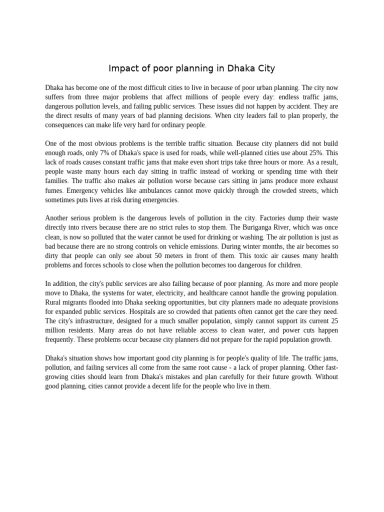 Sample Essay 1 - Impact of Poor Planning in Dhaka City | PDF ...