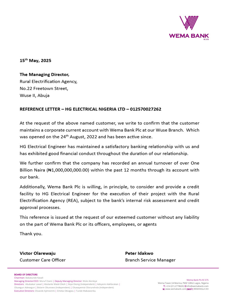 Wema Bank Reference Letter | PDF