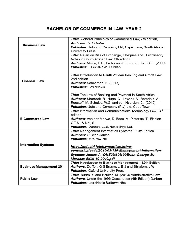 Bachelor of Commerce in Law Year 2 | PDF