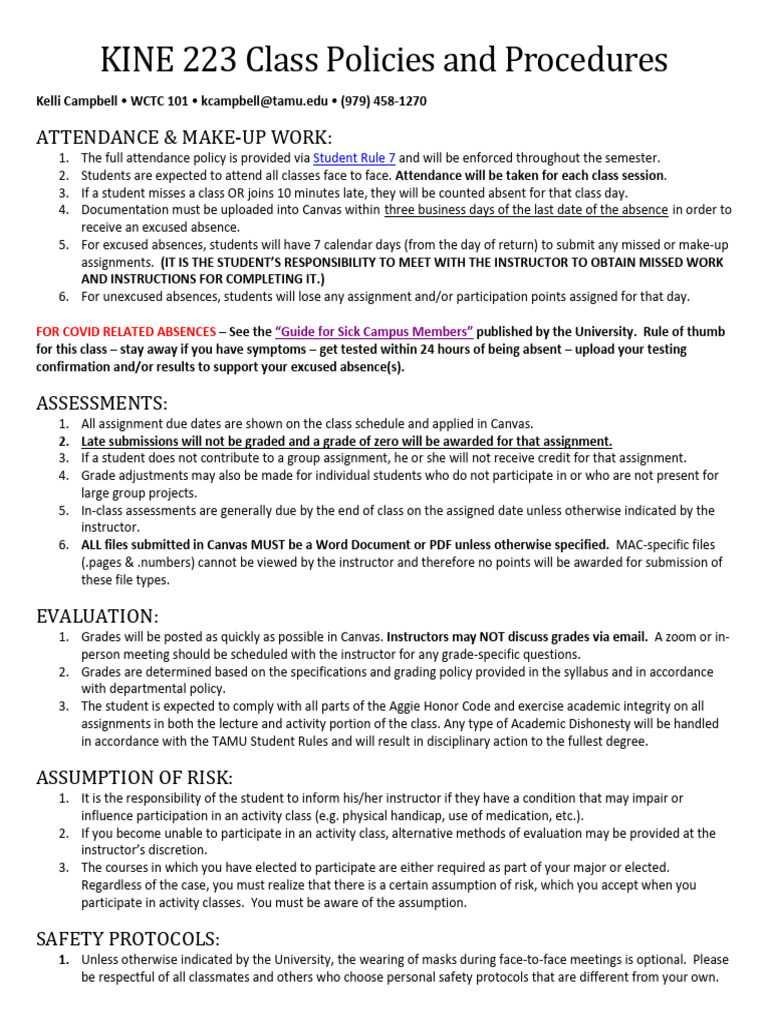 KINE 223 KCampbell Class Policy - VB | PDF