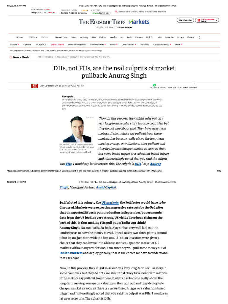 DIIs Are The Real Culprits Not FII'S - Interview - ET - 22.10.24 | PDF
