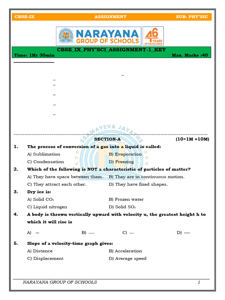 Cbse Ix Phy'sci Assignment-1 QP 20250531 195244 | PDF | Speed | Velocity
