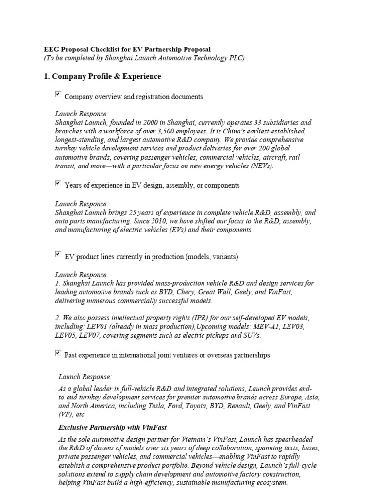 EEG Proposal Checklist For EV Partnership Proposal-Launch Reply | PDF ...