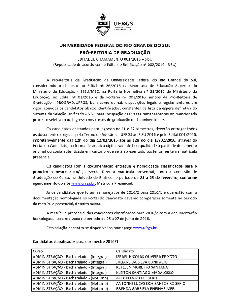 2o Chamamento SiSU - RETIFICADO Com Link | PDF | Estágios educacionais ...