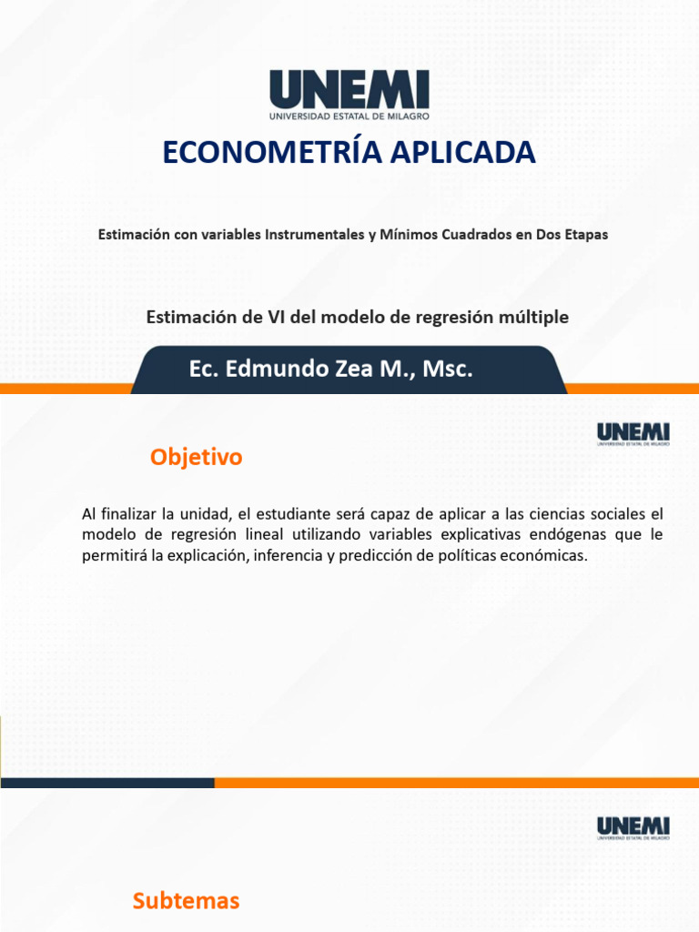 PPT ECONOMETRIA APLICADA U2T1S3-4 | PDF | Mínimos cuadrados ordinarios | Estimador