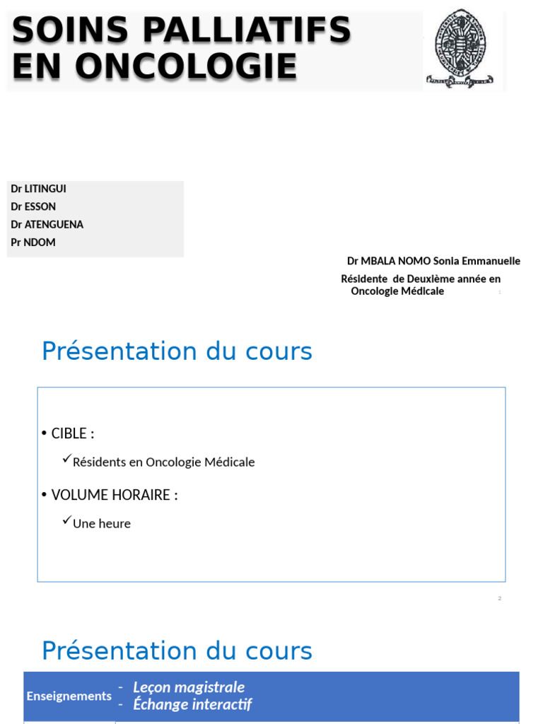 Soins Palliatifs en Oncologie 2025 DR MBALA NOMO Sonia Emmanuelle | PDF | Soins palliatifs ...