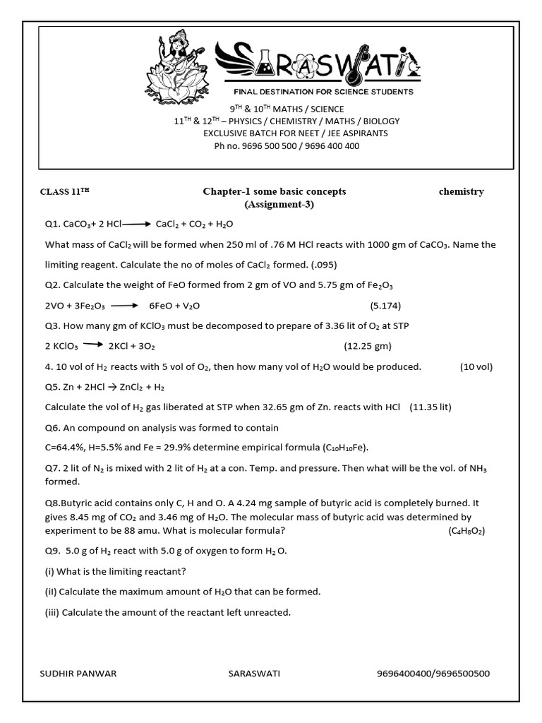 Class 11th Ch-1 Chem Assignment 3 Some Basic Concepts | PDF ...