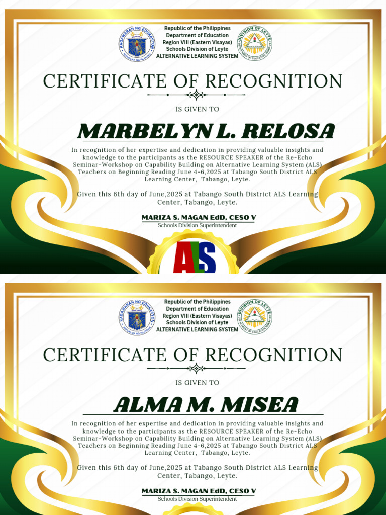 Green and Gold Simple Elegant Bordered Recognition Certificate | PDF