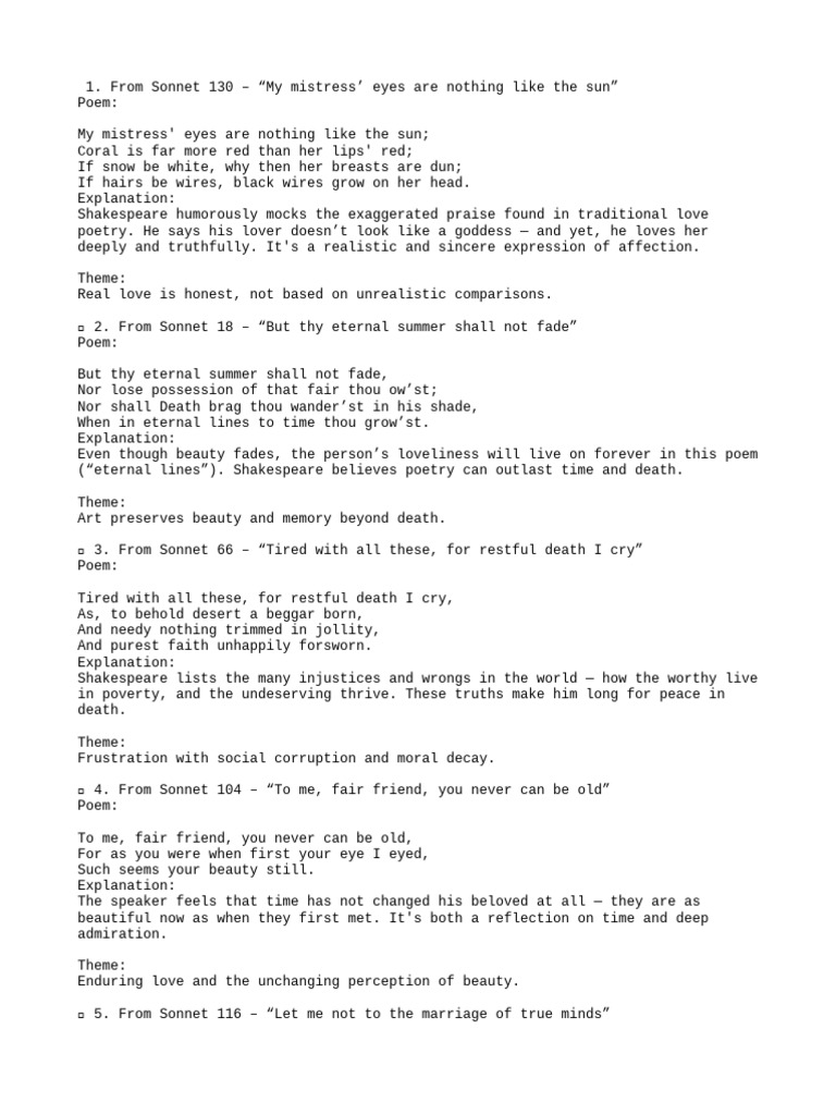 Shakespeare's Love Sonnets Analysis | PDF | Literary Criticism ...