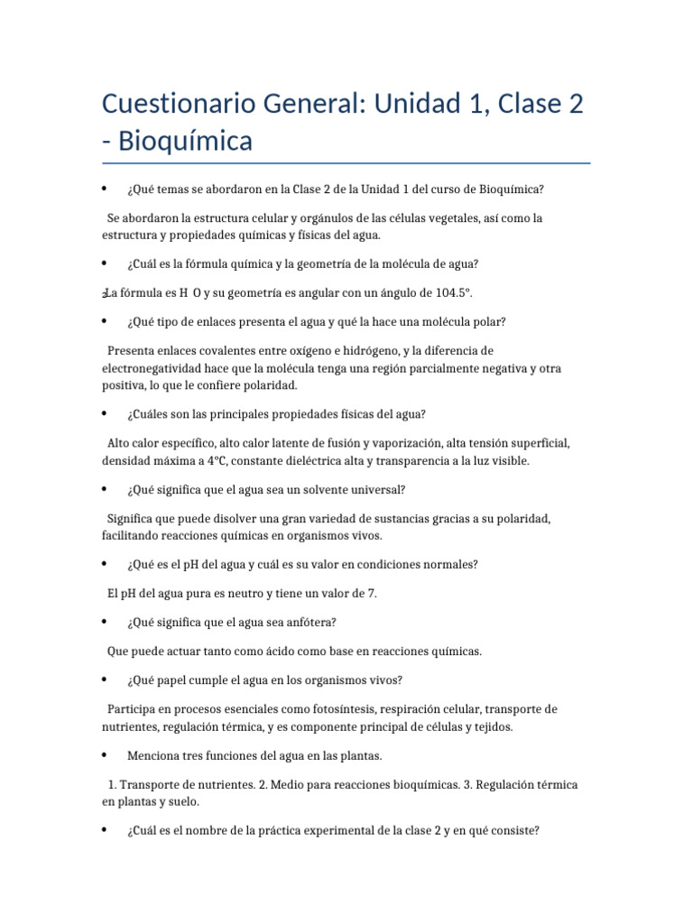 Cuestionario Completo Clase2 Bioquimica | PDF | Agua | Propiedades del agua