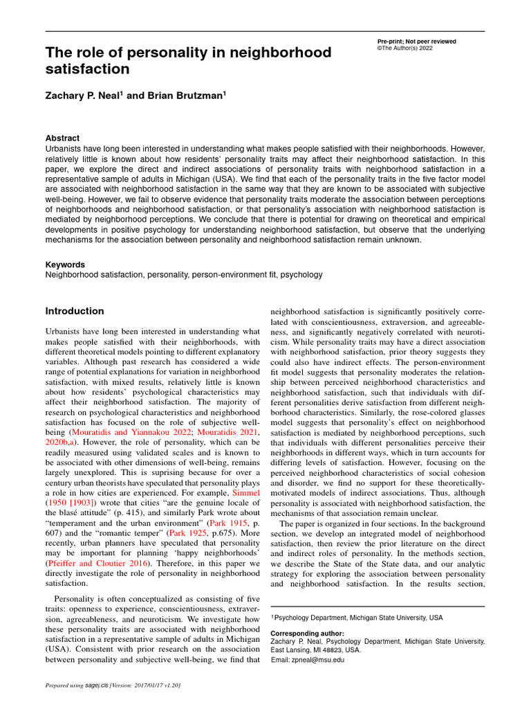 Personality and Neighborhood Satisfaction | PDF | Extraversion And Introversion | Psychological ...