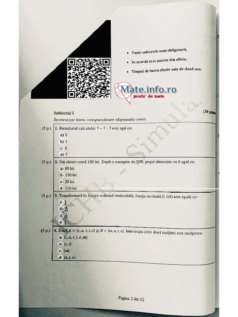Mate - Info.ro.5796 Clasa A Vii-A - Ichb - Simulare Evaluare Nationala - Mai 2025 | PDF