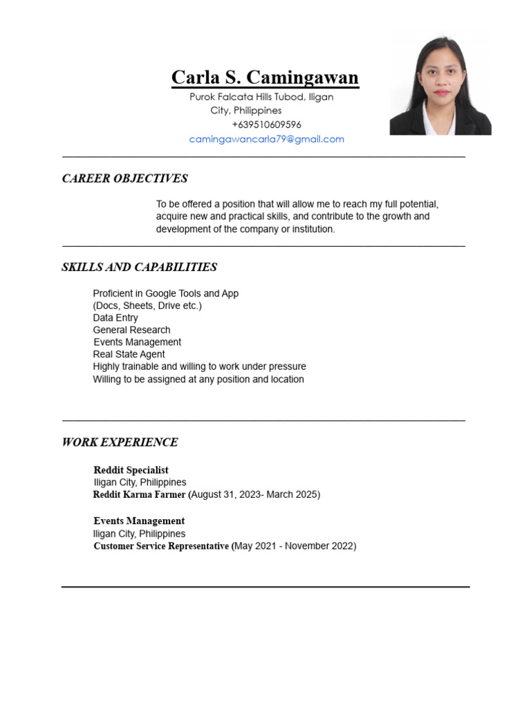 CV Camingawan Carla Updated | PDF