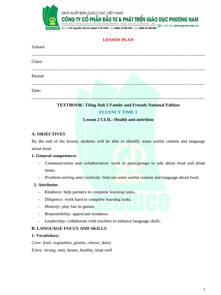 Lesson Plan: Health and Nutrition for Kids | PDF | Foods | Fluency