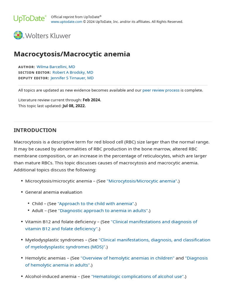 Macrocytosis - Macrocytic Anemia - UpToDate | PDF | Anemia | Vitamin B12