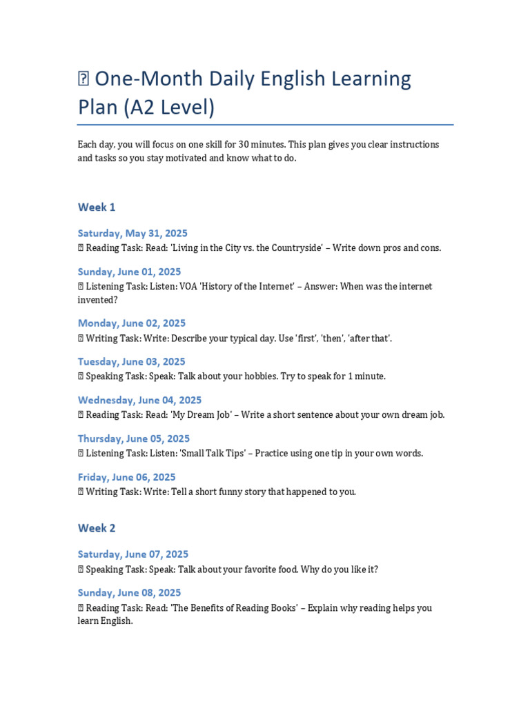 30-Day English Learning Schedule | PDF