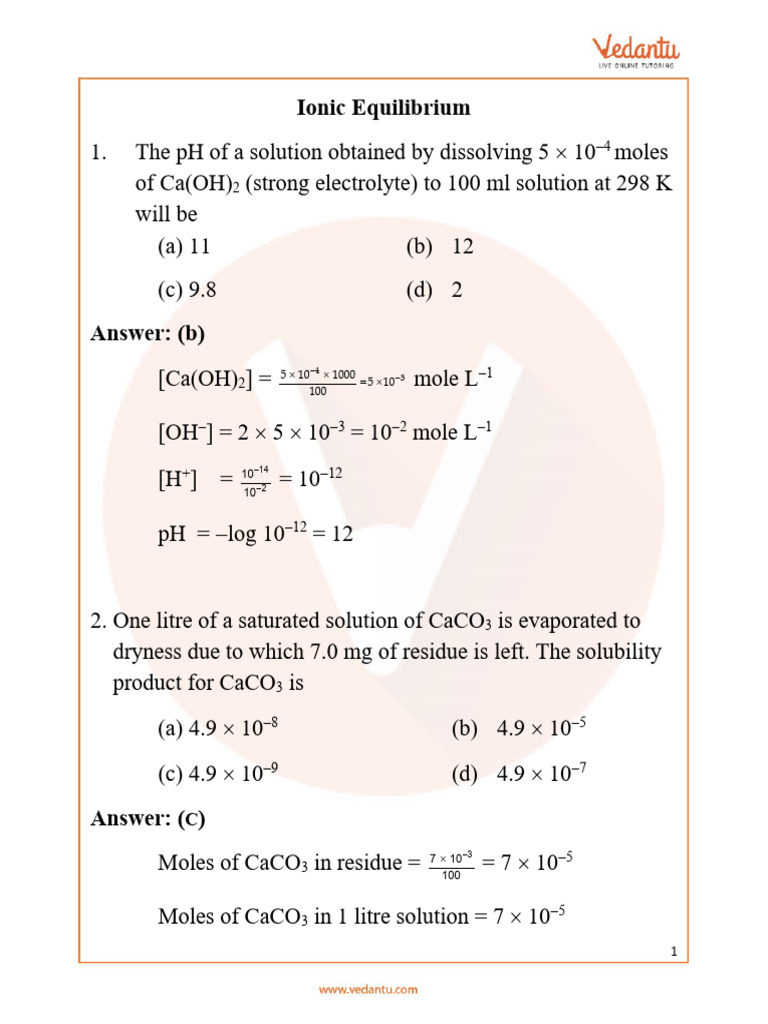 NEET Ionic Equilibrium Important Questions - Free PDF Download | PDF | Acid | Buffer Solution