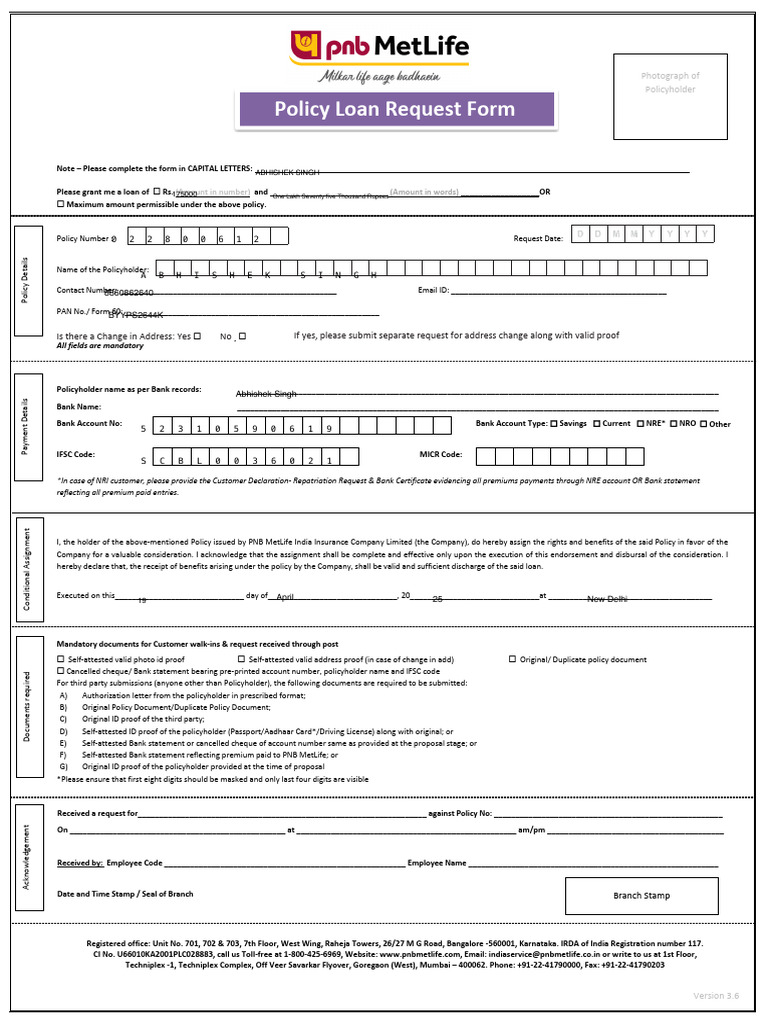PNB METLIFE Policy Loan Request Form Ver-3.6 - tcm47-27802 | PDF ...