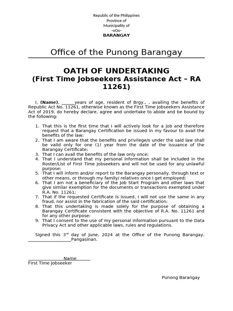 Barangay Oath for First Time Jobseekers | PDF