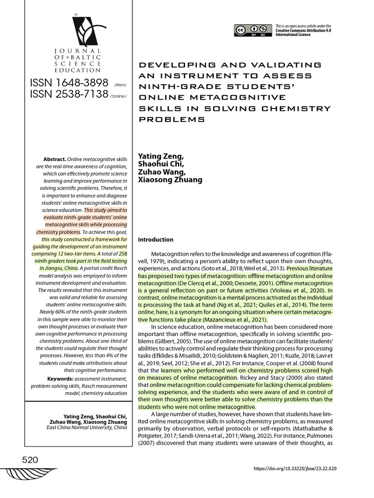 01 Developing and Validating An Instrument To Assess | PDF | Metacognition | Thought