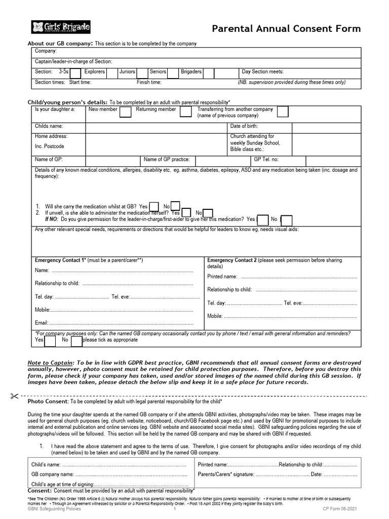 CP Form 06 2021 Parental Annual Consent Form (Editable) | PDF ...