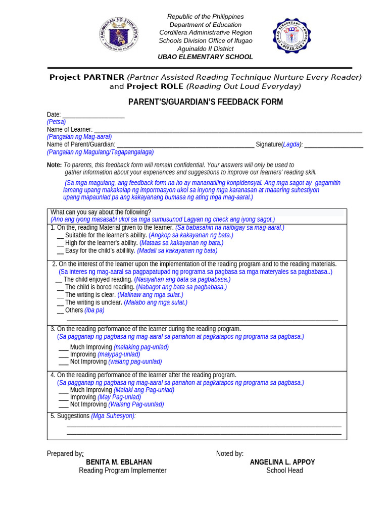 FEEDBACK FORM Reading | PDF
