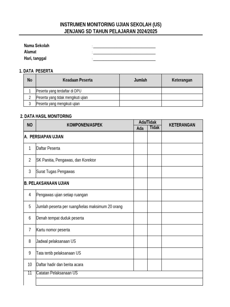 INSTRUMEN MONITORING Ujian Sekolah_SD-SMP TH 2024-2025 | PDF