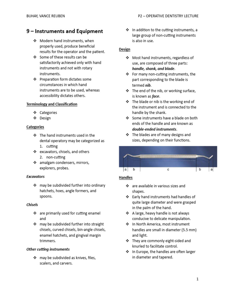 Notes - P2 - OPD LEC 9 15 | PDF | Knife | Dentistry Branches